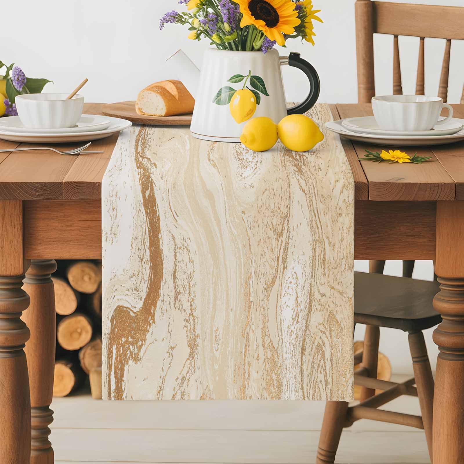 Burlap Table Runner 70 Inches Long, Beige Ombre Marble Texture Non-Slip ...