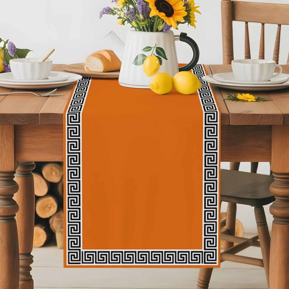 Burlap Table Runner 70 Inches Long, Black Simple Geometric Lines Border ...