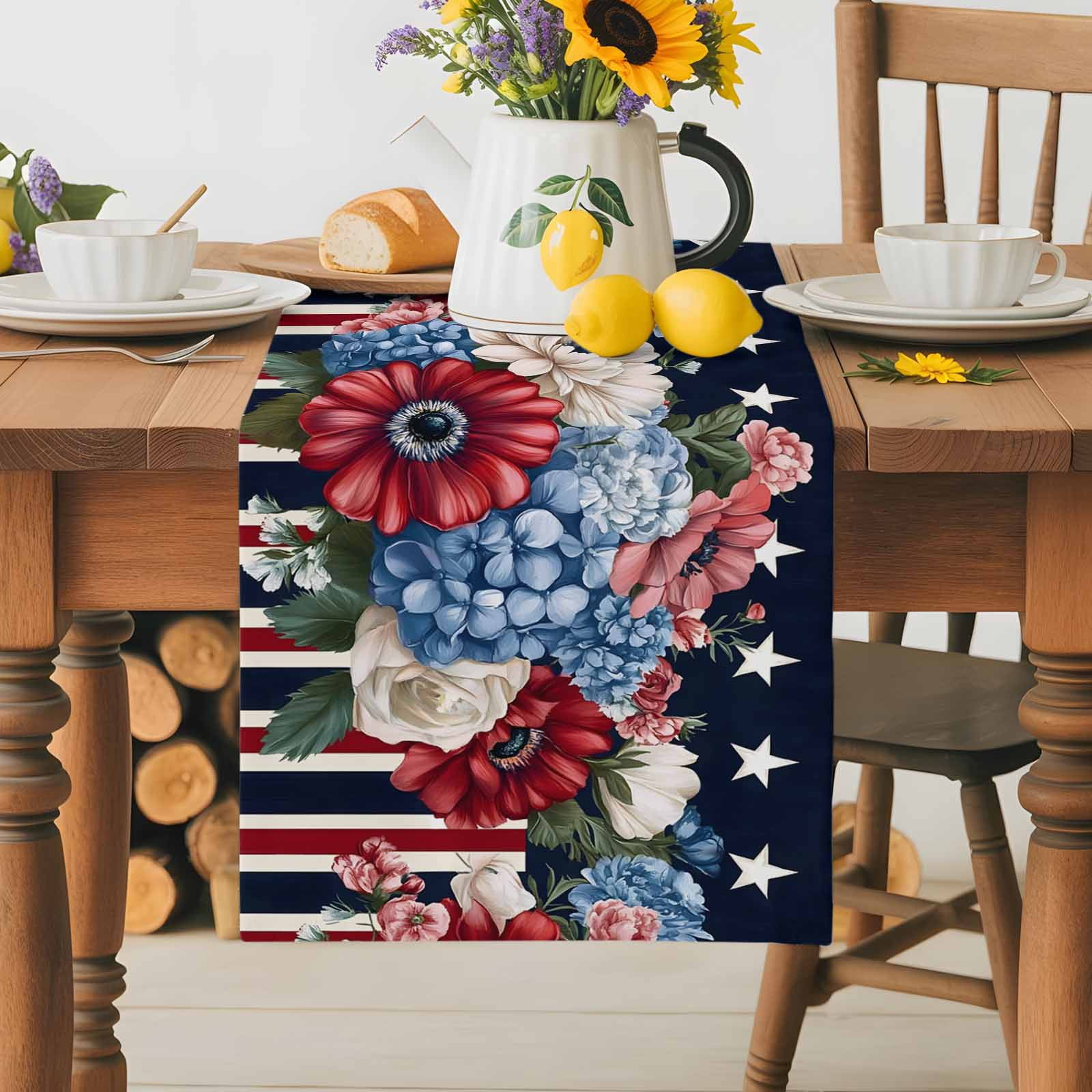 Burlap Table Runner 70 Inches Long, Blossom Flower USA Flag Star Stripe ...