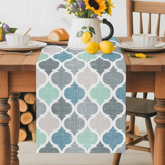 Burlap Table Runner 70 Inches Long, Blue Gray Morocco Pattern Non-Slip ...