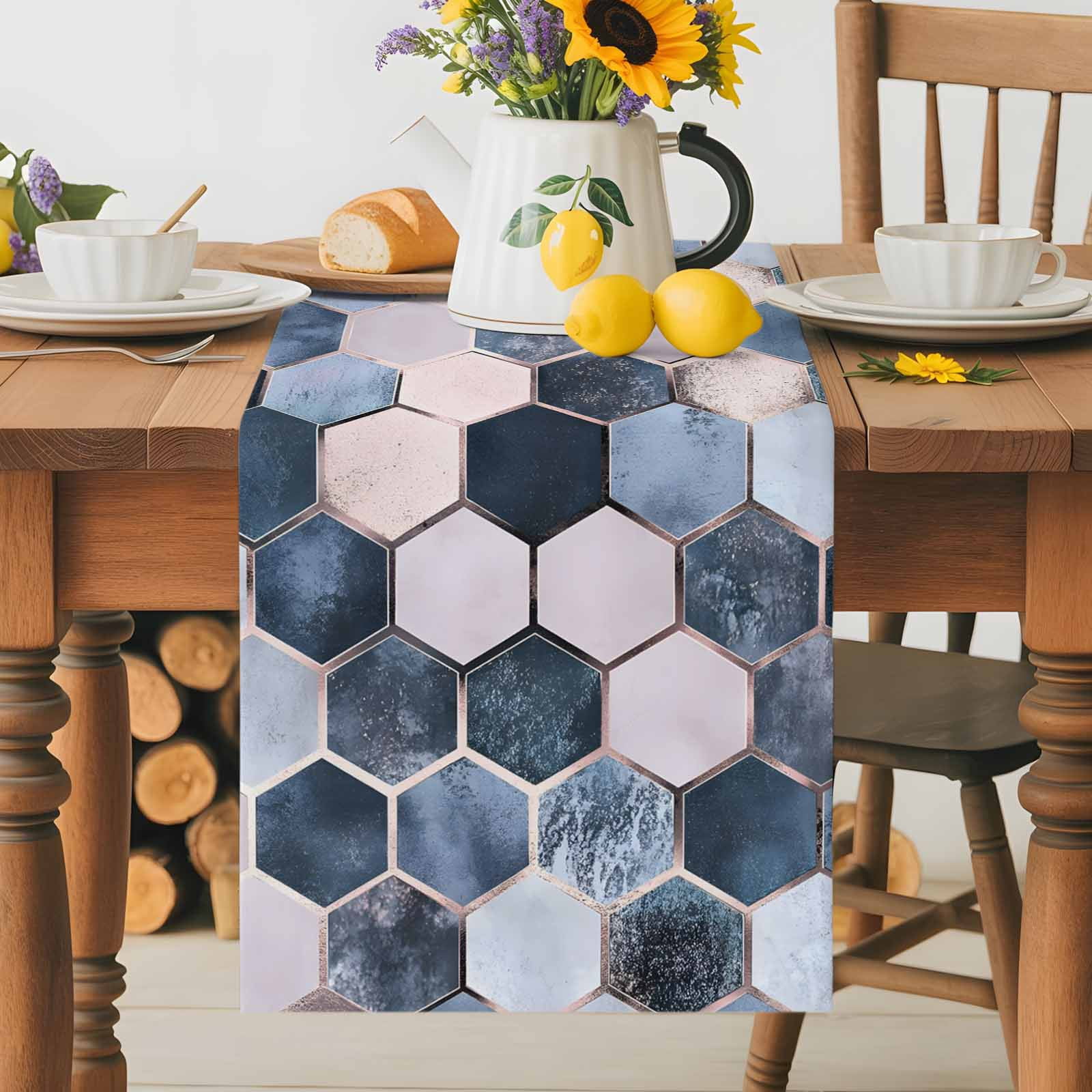 Burlap Table Runner 70 Inches Long, Blue Lattice Hexagon Color Block ...