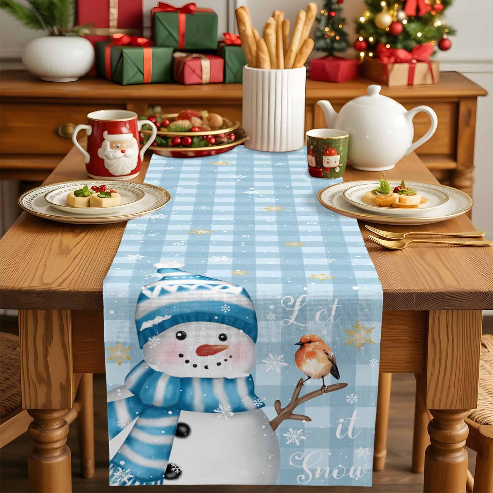Burlap Table Runner 70 Inches Long,Blue Snowman Christmas Snow Quote ...