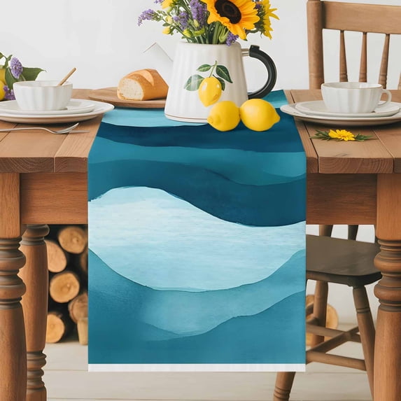 Burlap Table Runner 70 Inches Long, Blue Water Ripple Abstract ...