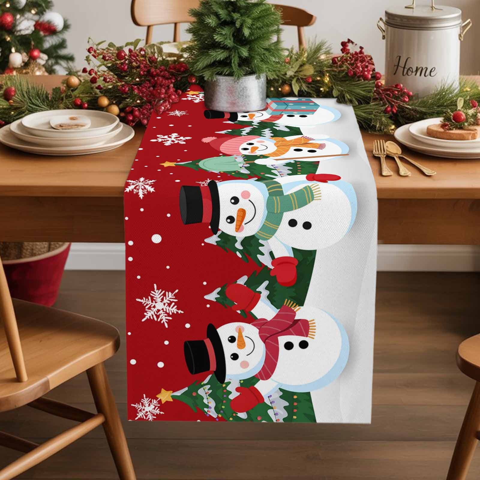 Burlap Table Runner 70 Inches Long,Cartoon Snowman Christmas Tree ...