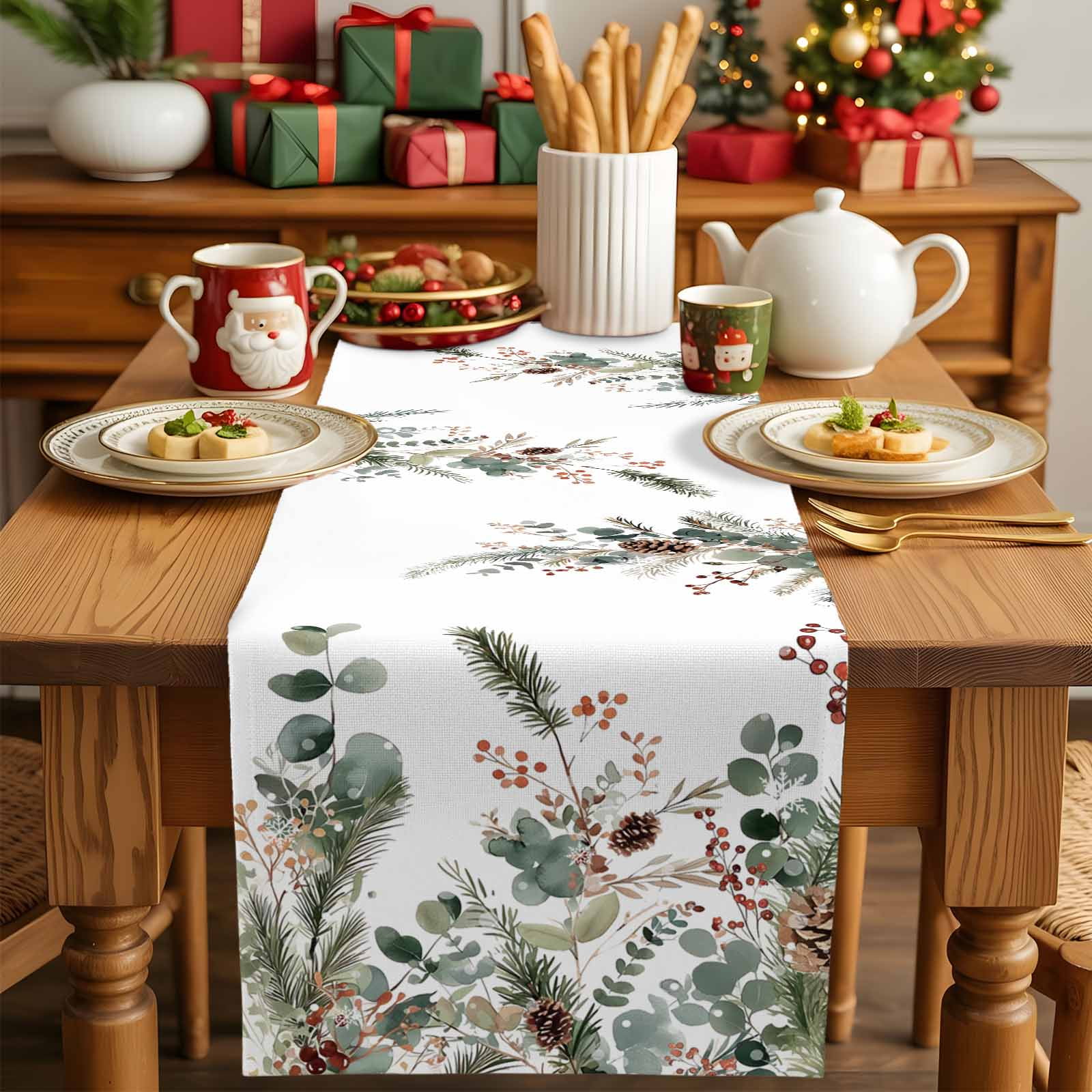 Burlap Table Runner 70 Inches Long,Christmas Eucalyptus Leaves Pine ...