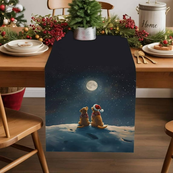 Burlap Table Runner 70 Inches Long,Christmas Eve Moon Night Dog Lover ...