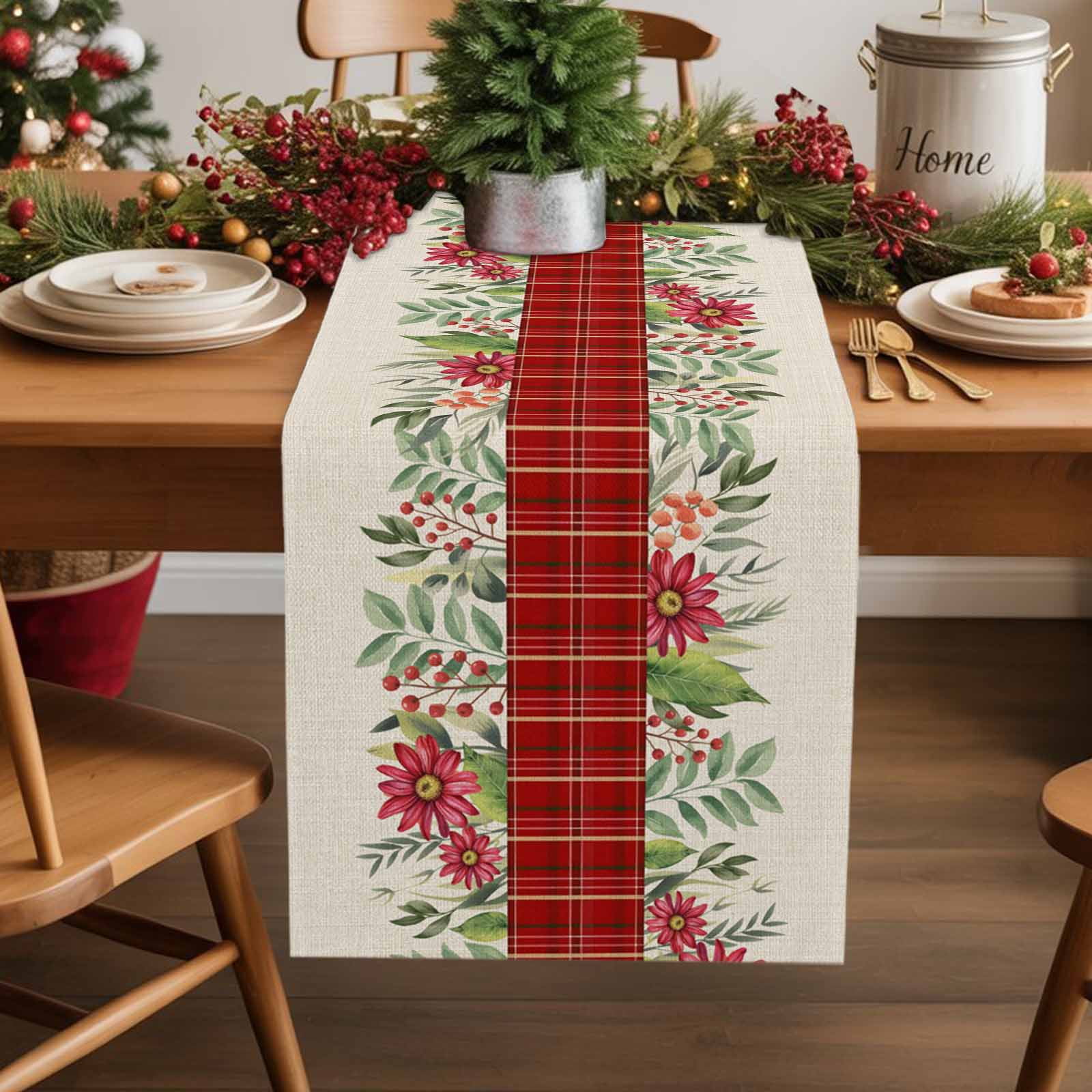 Burlap Table Runner 70 Inches Long,Christmas Floral Leaf Buffalo Plaid ...
