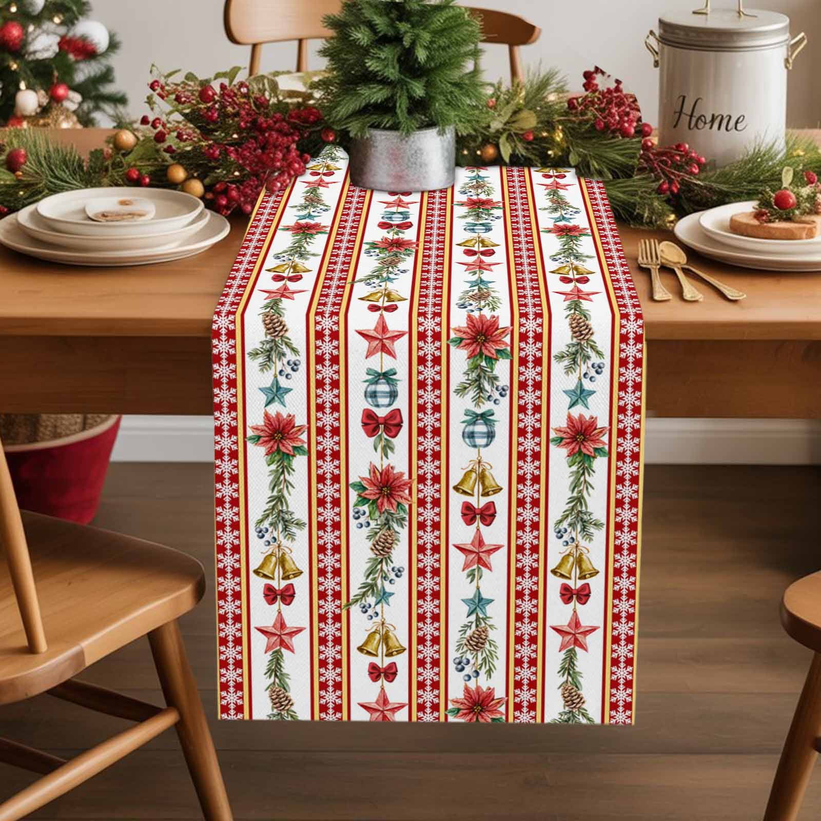 Burlap Table Runner 70 Inches Long,Christmas Flower Snowflakes Bell Non ...