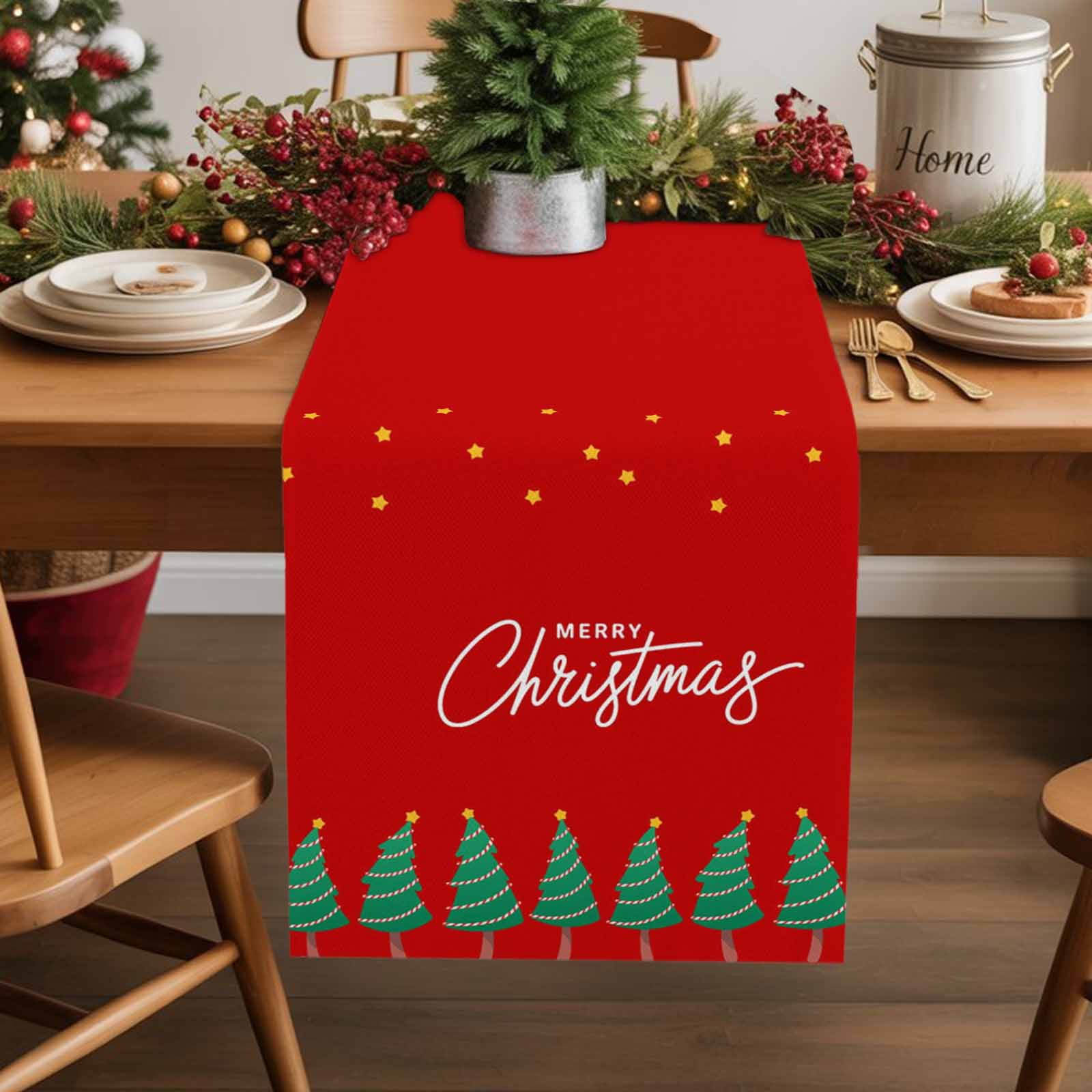 Burlap Table Runner 70 Inches Long,Christmas Green Tree on Red Non-Slip ...