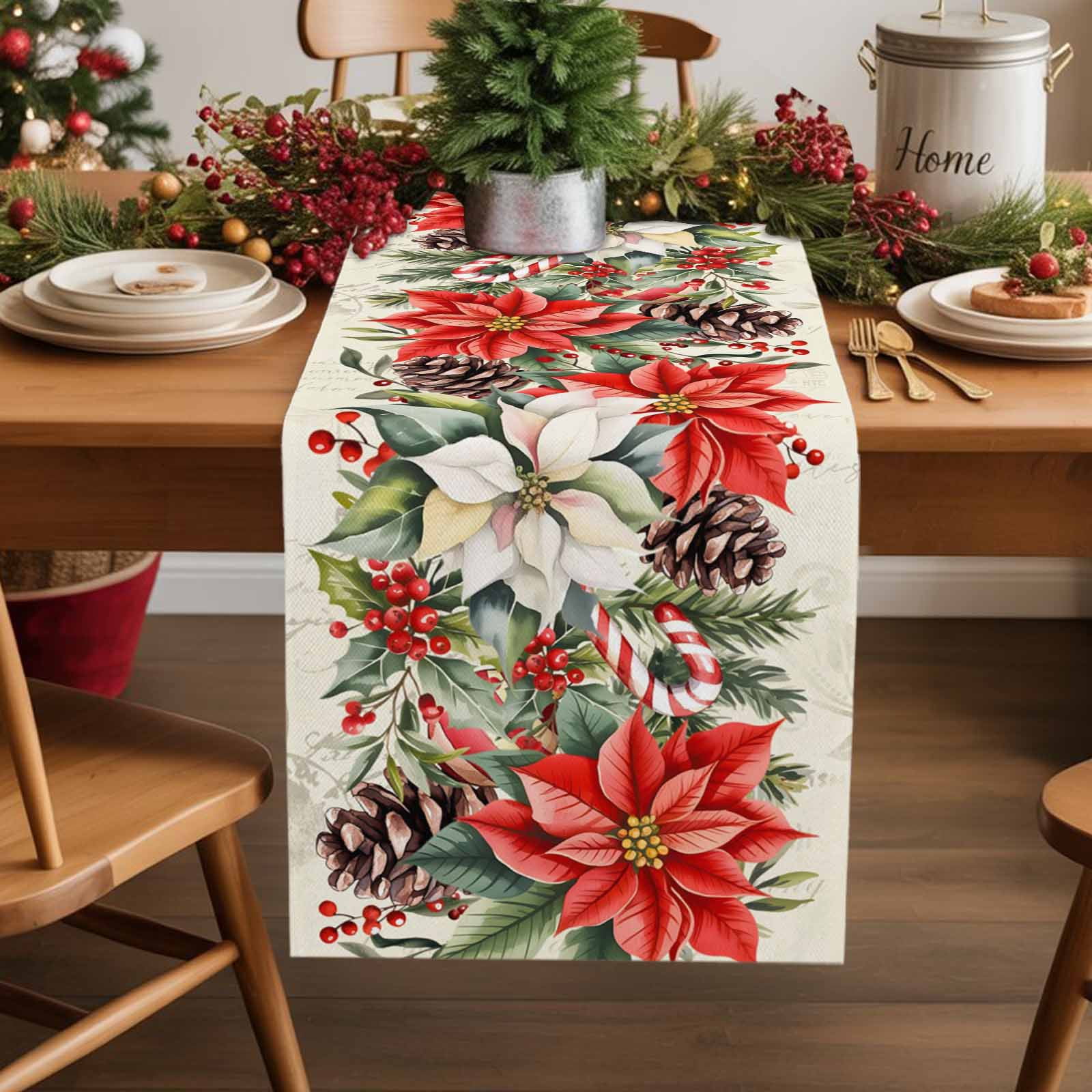 Burlap Table Runner 70 Inches Long,Christmas Poinsettia Pine Branches ...