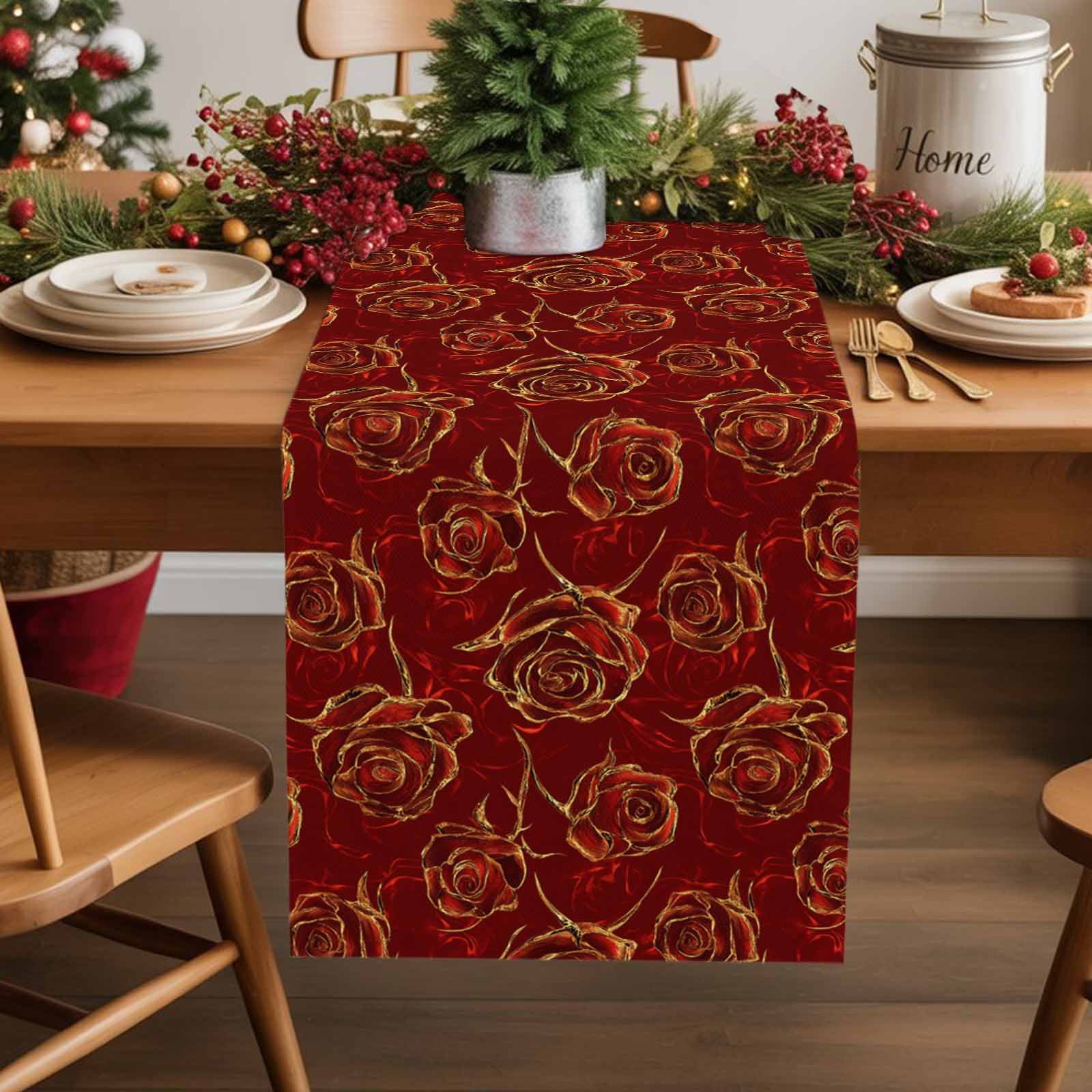 Burlap Table Runner 70 Inches Long,Christmas Red Rose Flower Watercolor ...