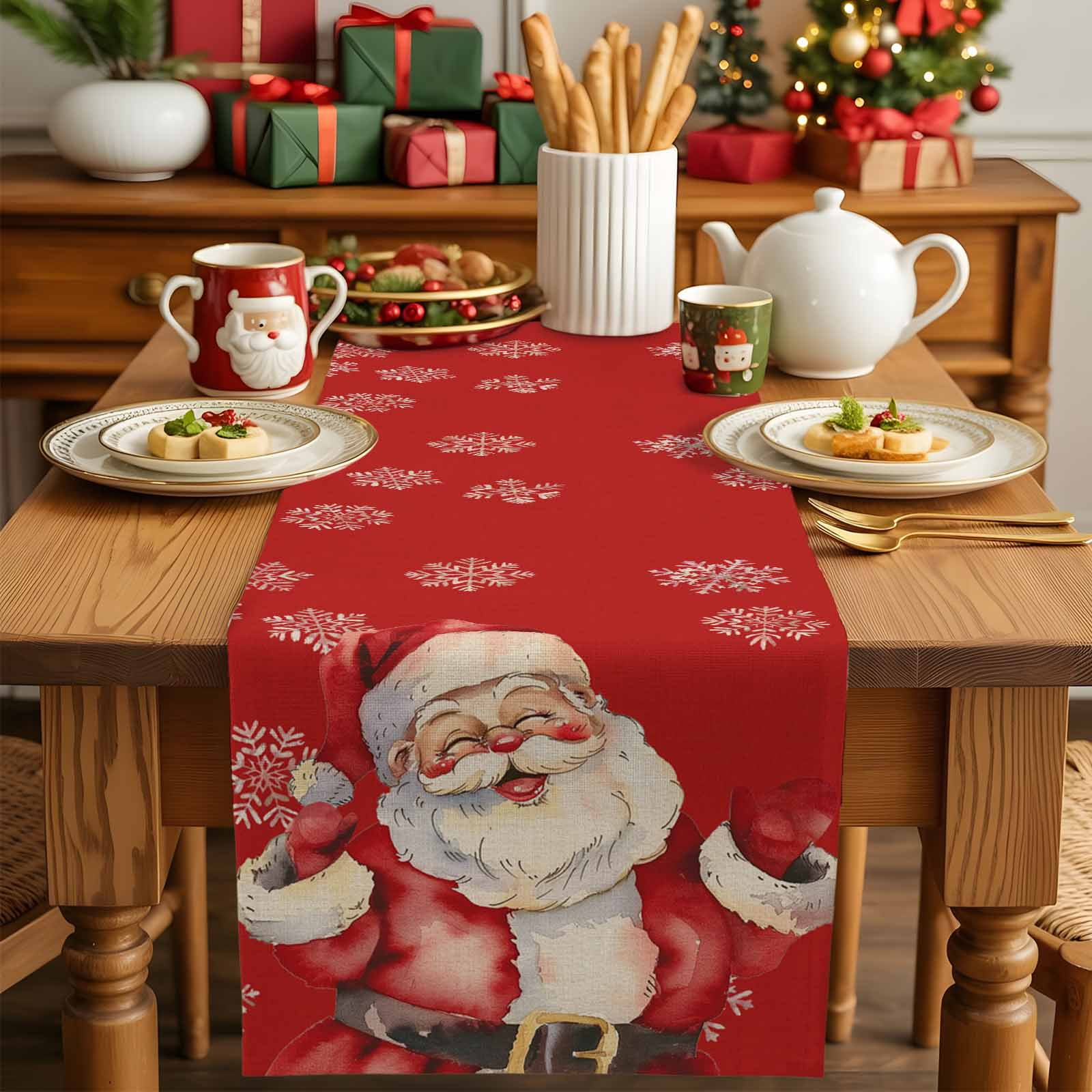 Burlap Table Runner 70 Inches Long,Christmas Santa Claus on Red Non-Slip Kitchen Table Runners ...