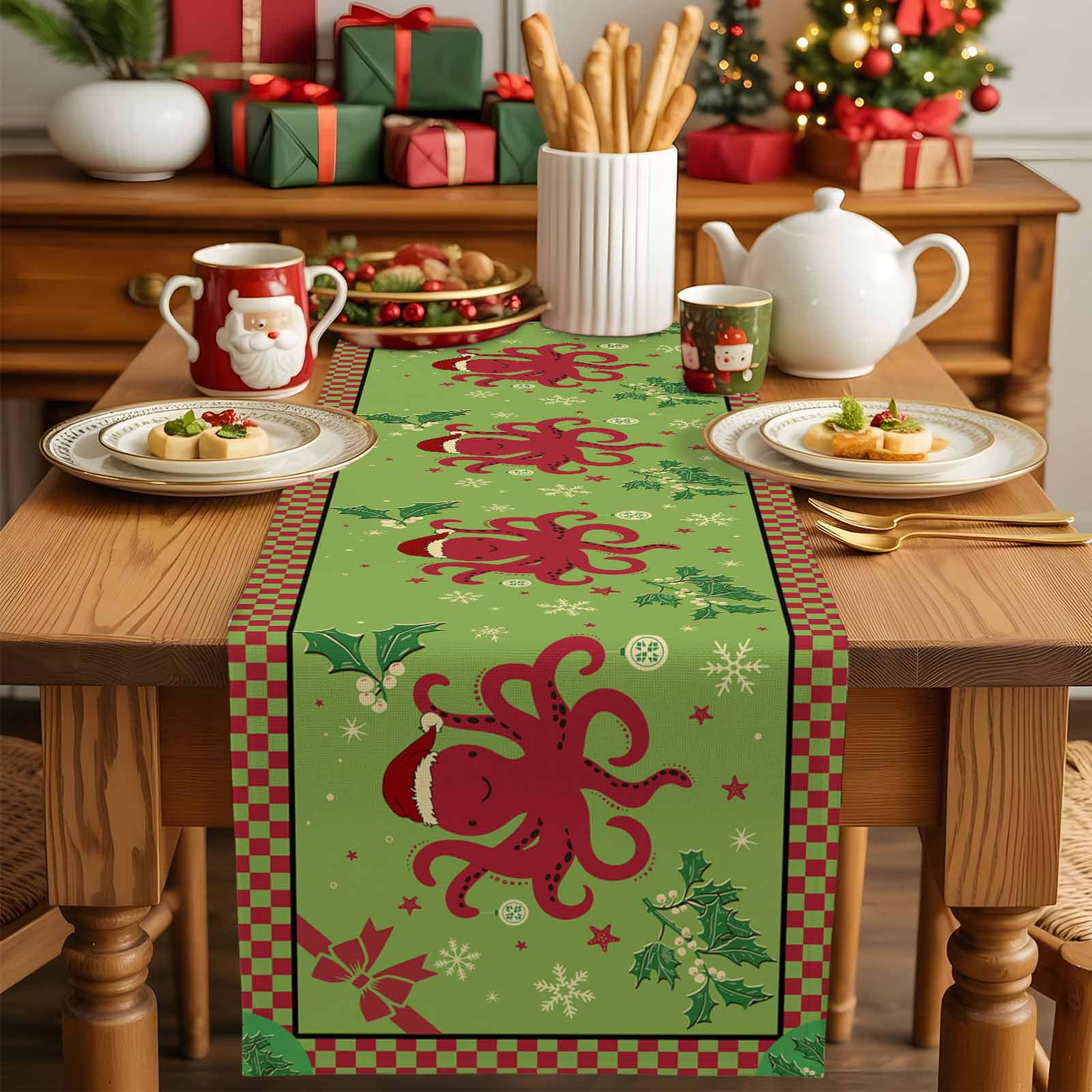 Burlap Table Runner 70 Inches Long,Christmas Santa Octopus Snowflake ...