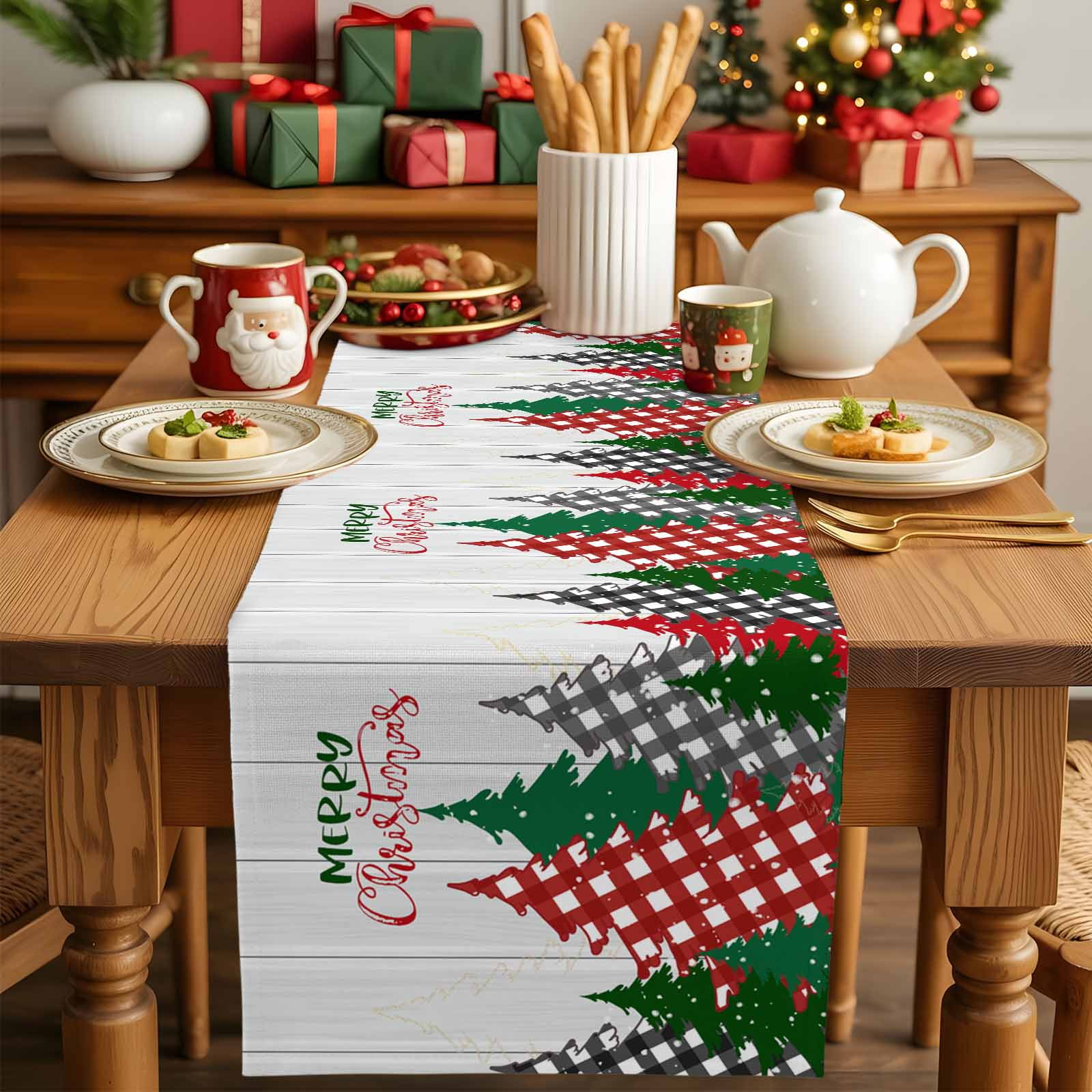 Burlap Table Runner 70 Inches Long,Christmas Tree Red Buffalo Lattice ...