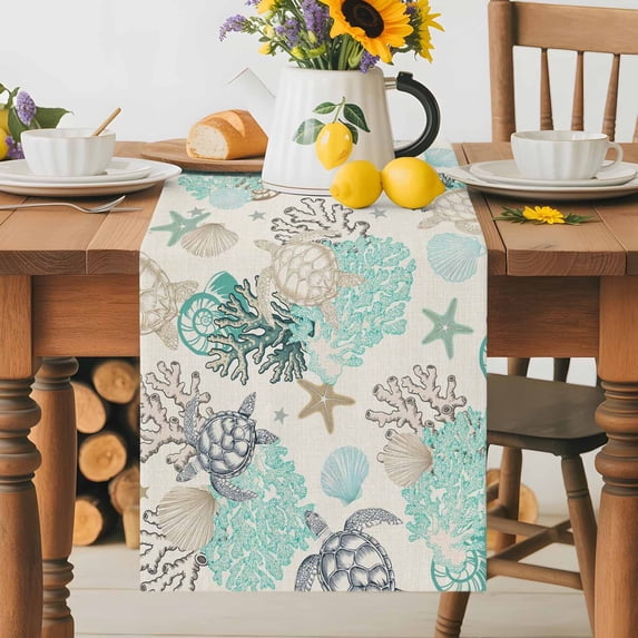 Burlap Table Runner 70 Inches Long, Coastal Turtle Starfish Shell Non ...