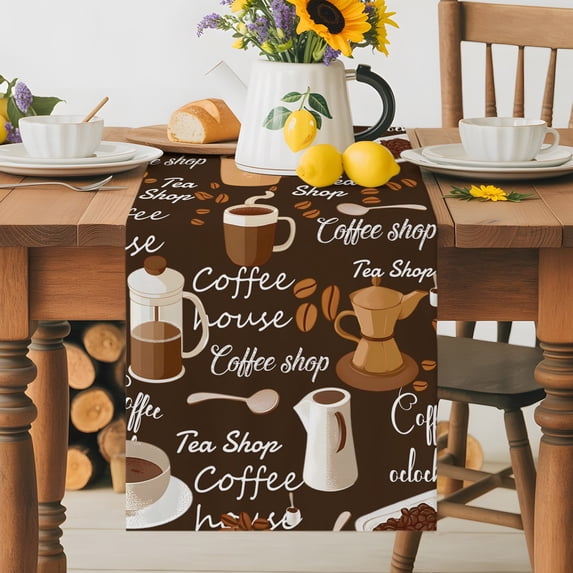 Burlap Table Runner 70 Inches Long, Coffee Bean Cafe Cup Seamless Non ...