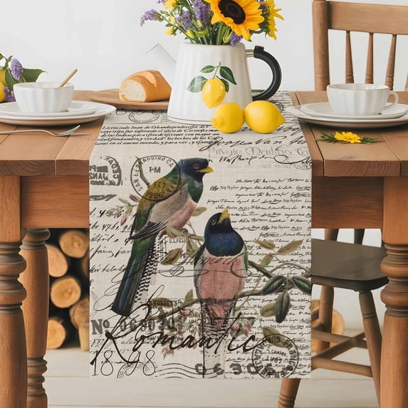 Burlap Table Runner 70 Inches Long, Colorful Bird Leaves Tree Branch ...