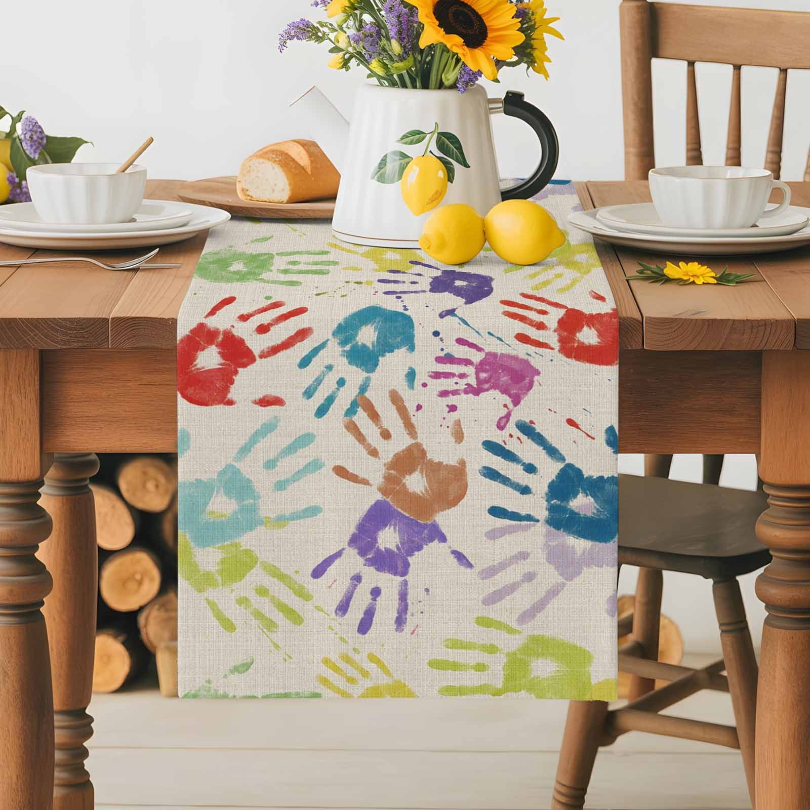 Burlap Table Runner 70 Inches Long, Colorful Handprints on Burlap Linen ...