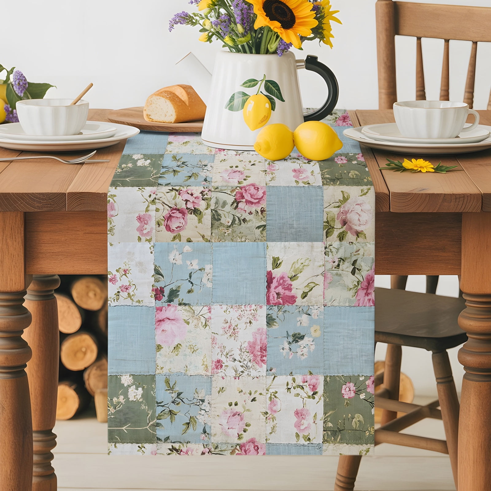 Burlap Table Runner 70 Inches Long, Country Pink Rose Floral Plaid ...