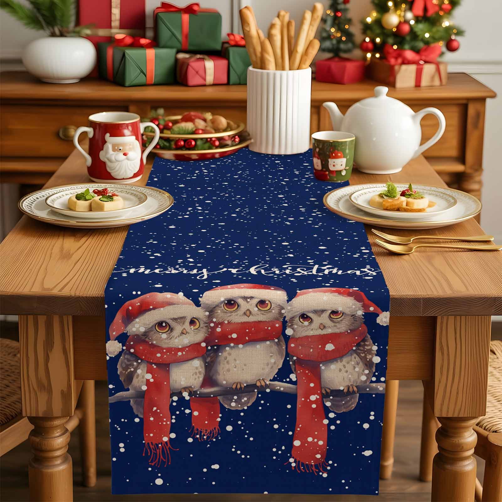 Burlap Table Runner 70 Inches Long,Cute Owl Christmas Snow Dark Blue ...