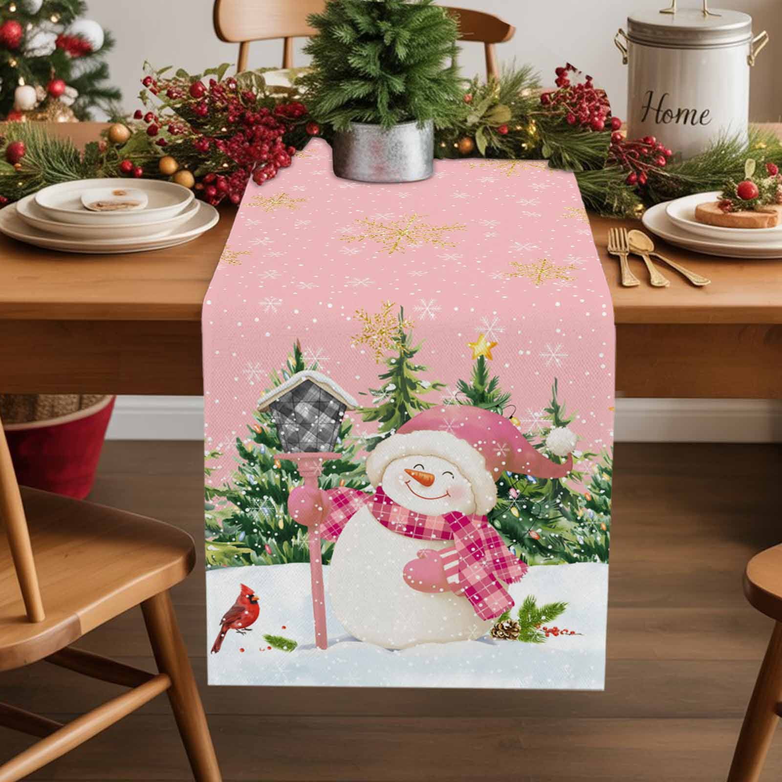 Burlap Table Runner 70 Inches Long,Cute Pink Snowman Non-Slip Kitchen ...