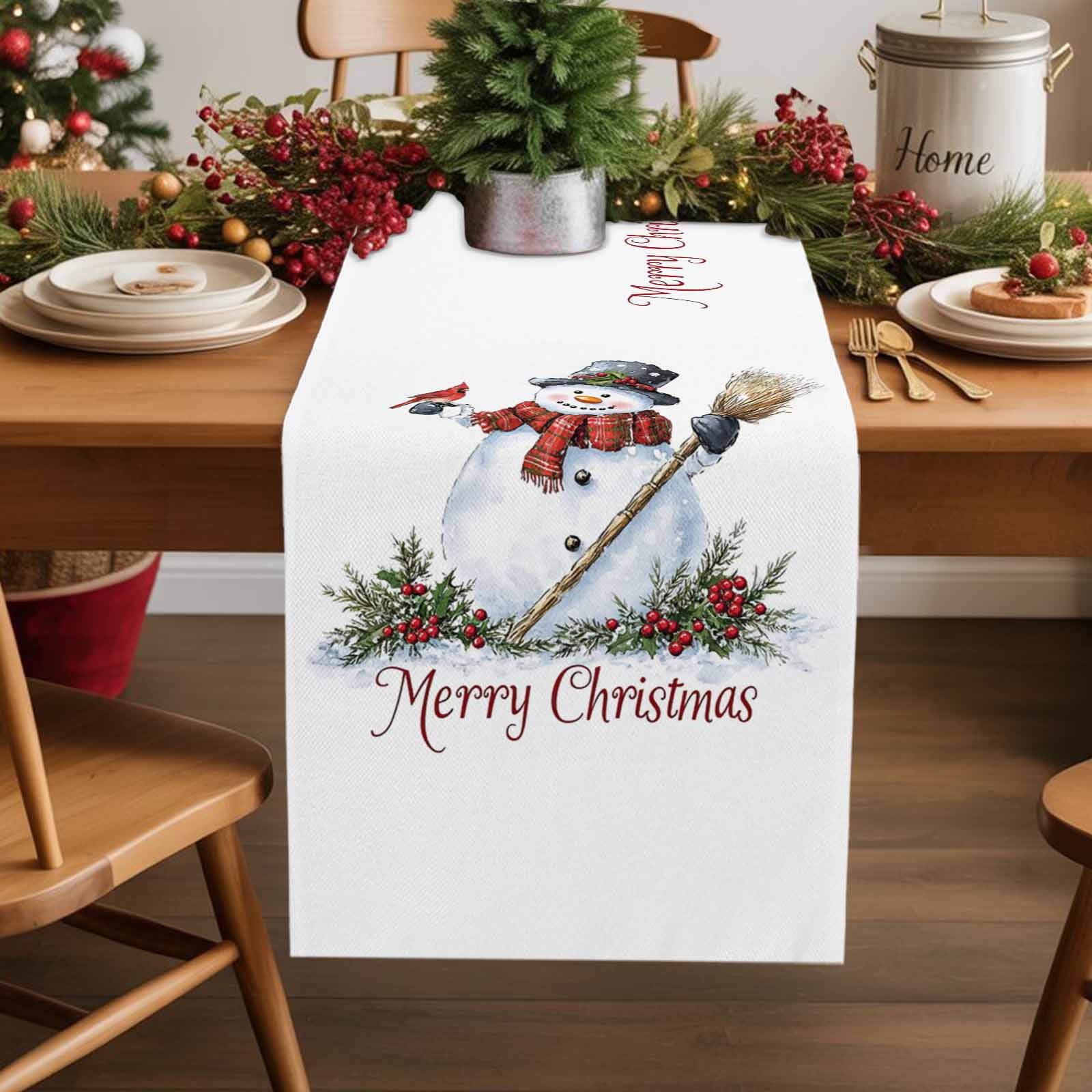 Burlap Table Runner 70 Inches Long,Cute Snowman Christmas Cardinal Bird ...