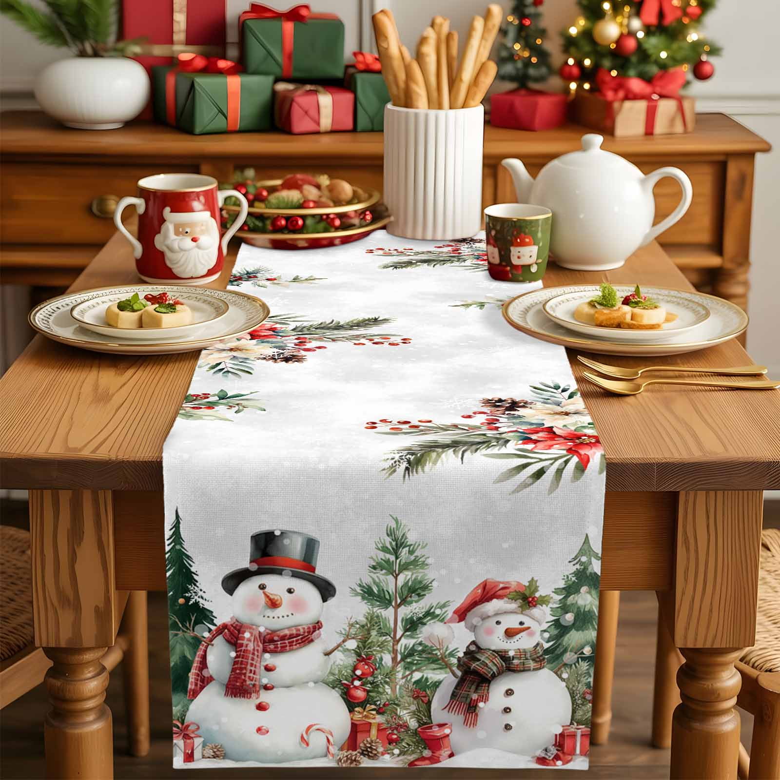 Burlap Table Runner 70 Inches Long,Cute Snowman Christmas Tree ...