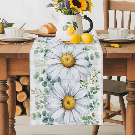 Burlap Table Runner 70 Inches Long, Daisy Flower Eucalyptus Leaf Non ...
