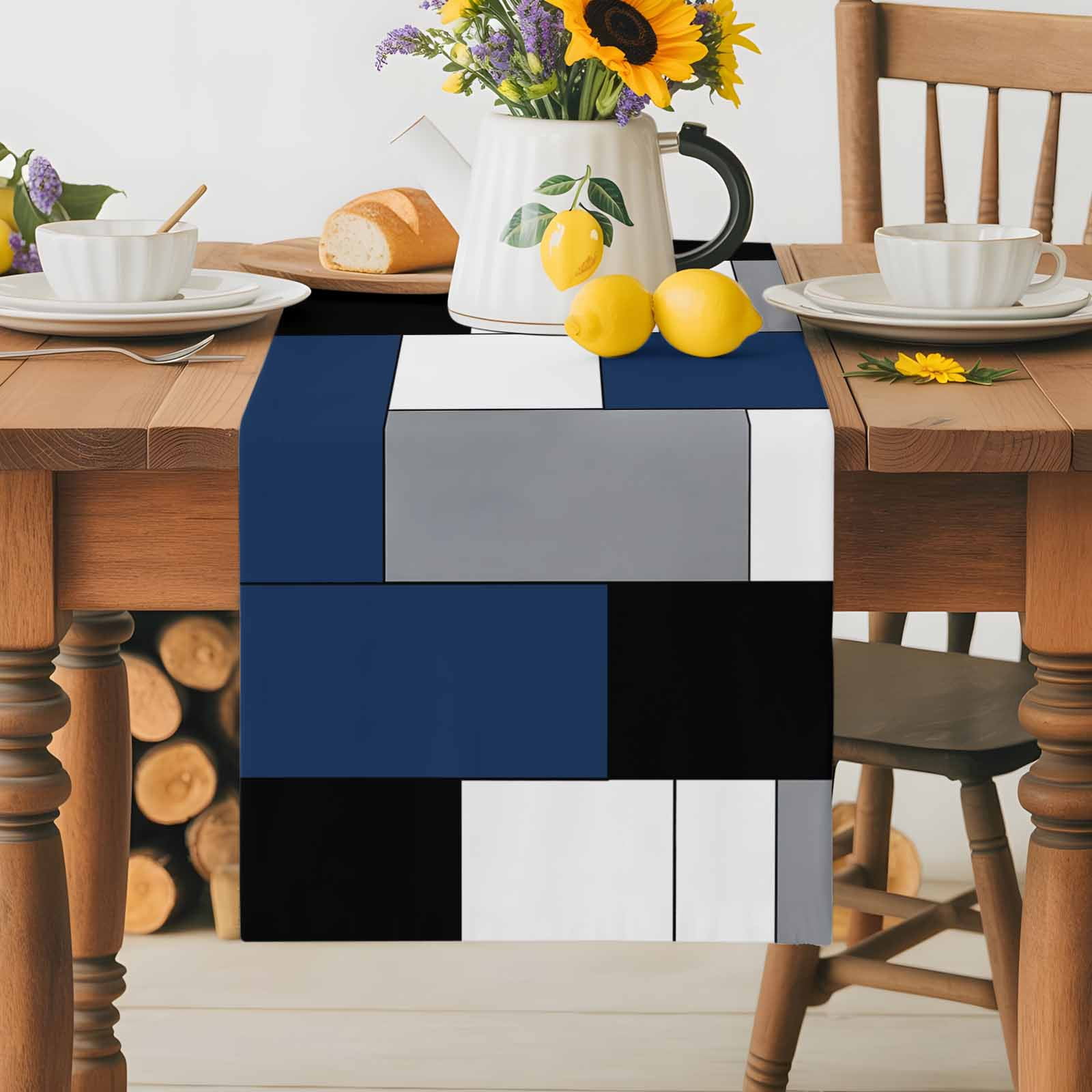 Burlap Table Runner 70 Inches Long,Dark Blue Color Block Abstract ...