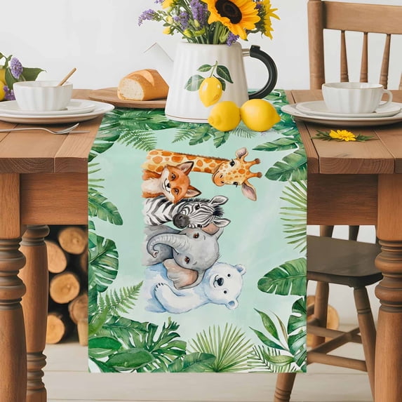 Burlap Table Runner 70 Inches Long, Elephants Bears Foxes Zebras ...