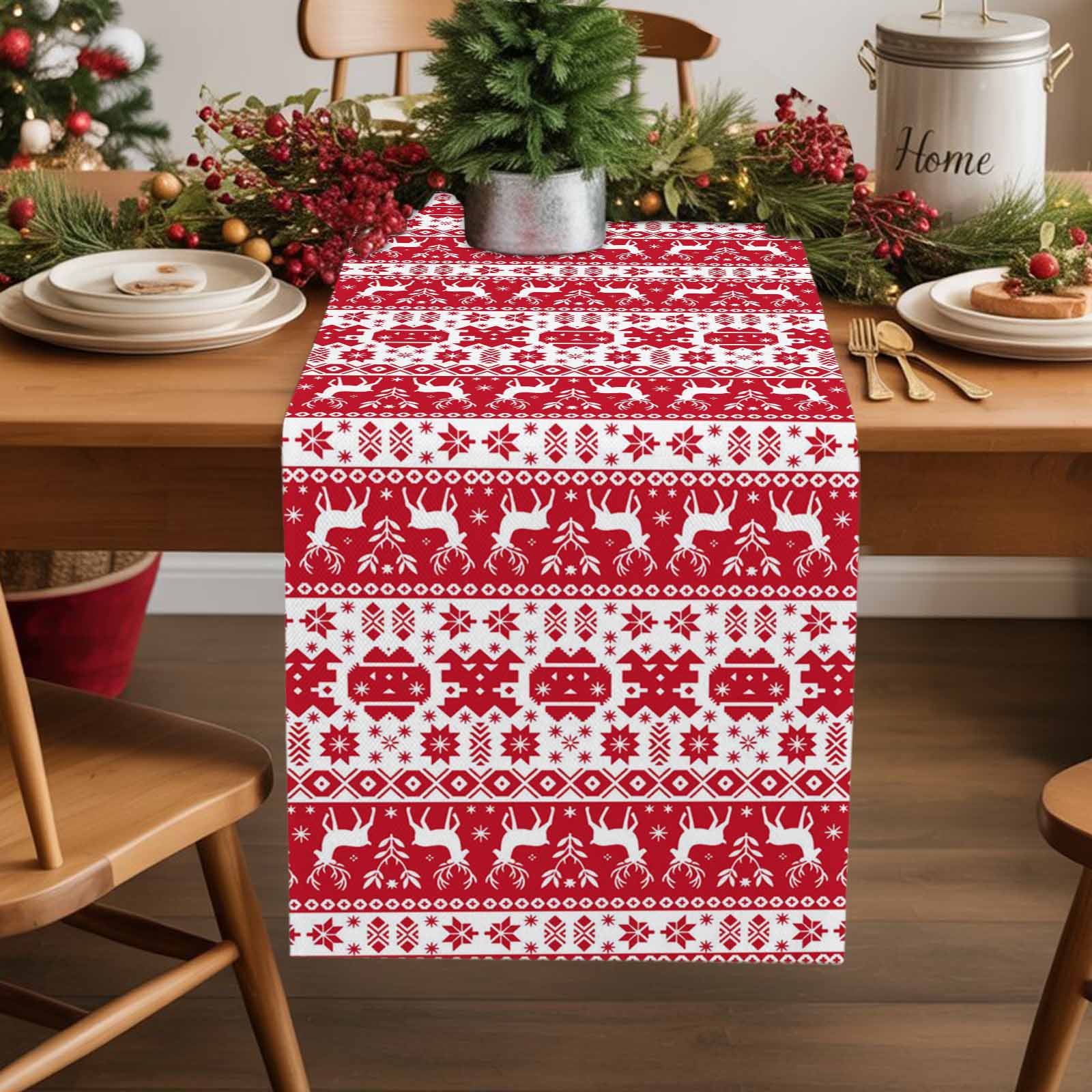 Burlap Table Runner 70 Inches Long,Ethnic Geometric White Elk Snowflake ...