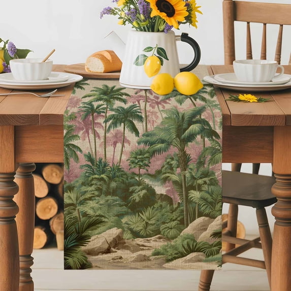 Burlap Table Runner 70 Inches Long, Exotic Forest Green Pink Palms Tree ...