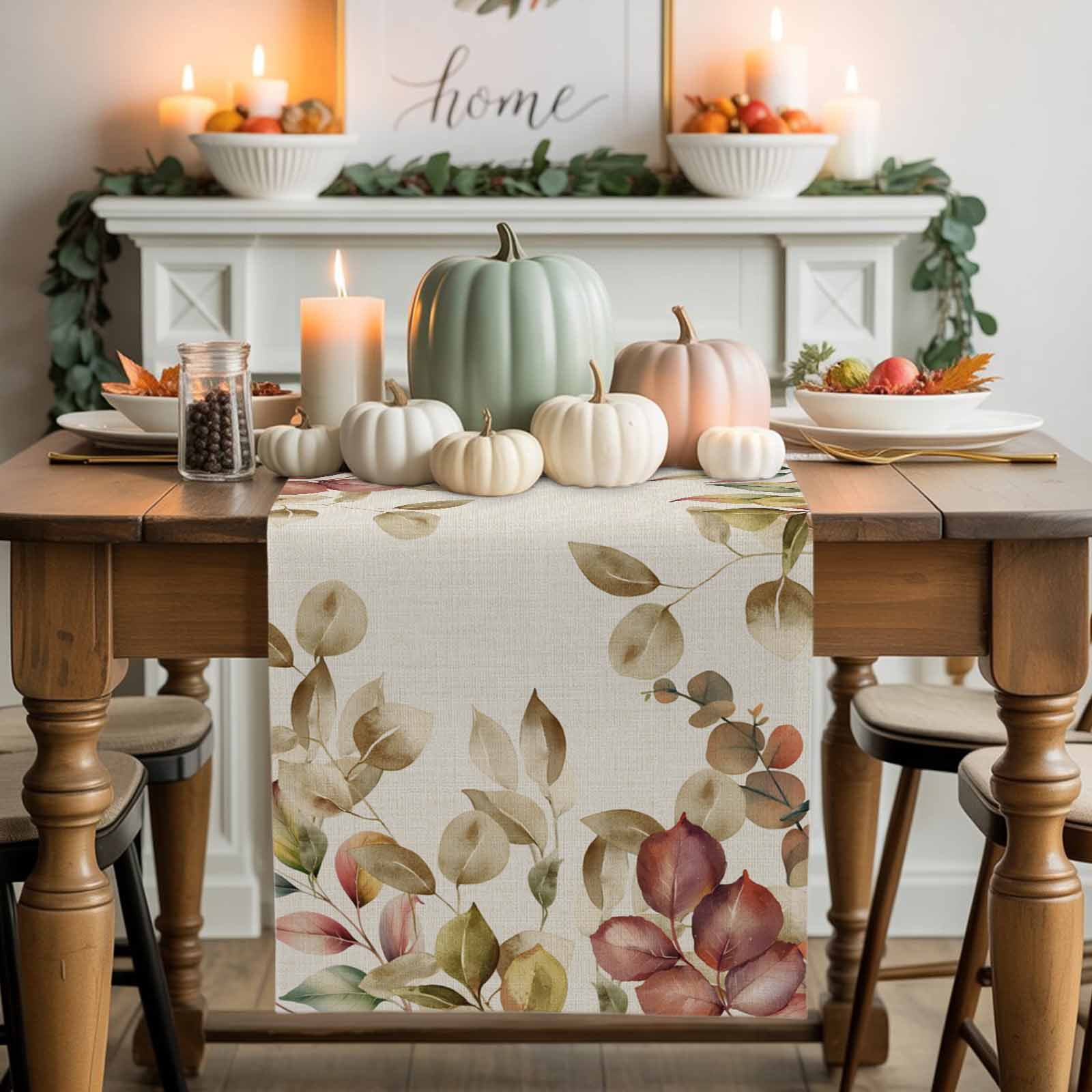 Burlap Table Runner 70 Inches Long,Fall Eucalyptus Leaves Retro Linen ...