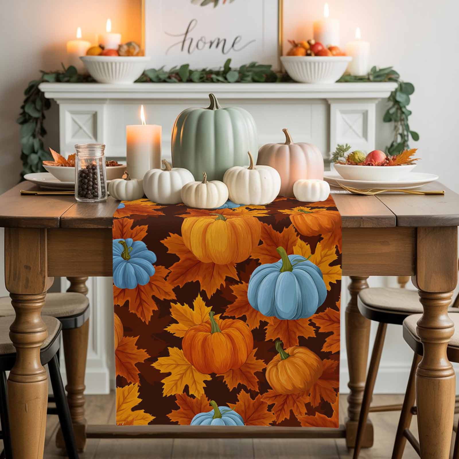 Burlap Table Runner 70 Inches Long,Fall Thanksgiving Pumpkin Teal Non ...