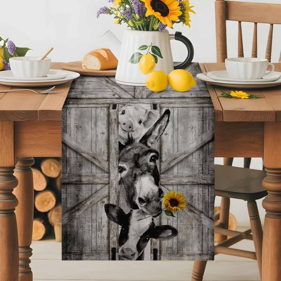 Burlap Table Runner 70 Inches Long, Farm Abstract Donkeys Pigs Cows ...