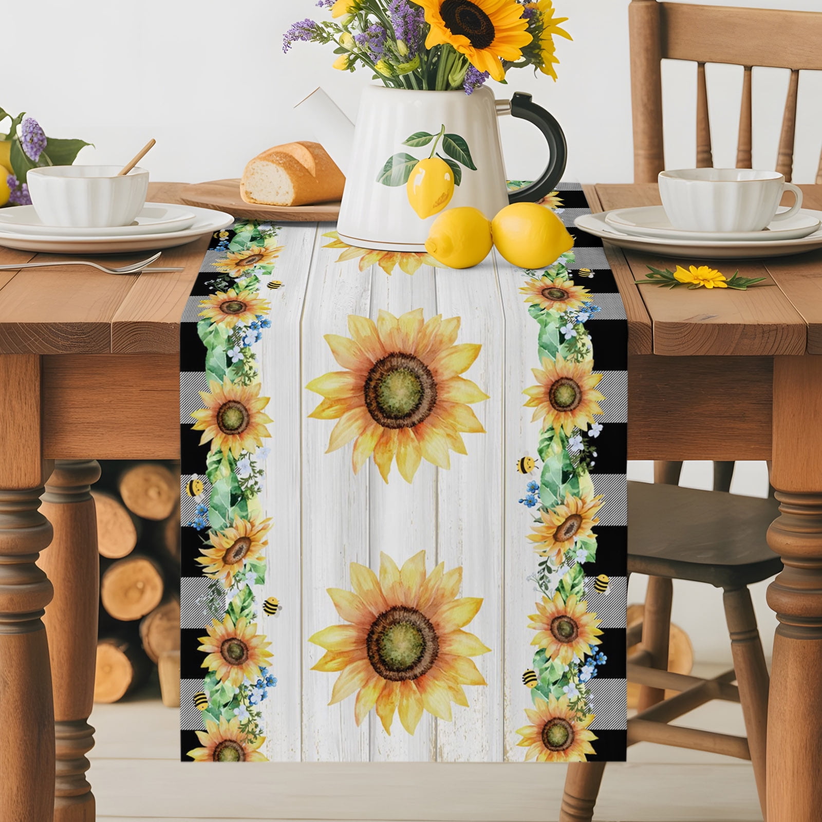 Burlap Table Runner 70 Inches Long, Farm Watercolor Sunflower on Wood ...