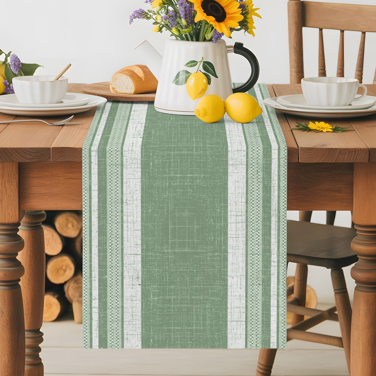 Burlap Table Runner 70 Inches Long, Farmhouse Green Stripe Linen ...