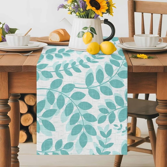 Burlap Table Runner 70 Inches Long, Farmhouse Teal Leaves Branch Linen ...