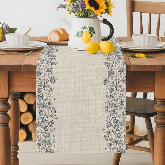 Burlap Table Runner 70 Inches Long, Flower Leaf Branch on Retro Linen ...
