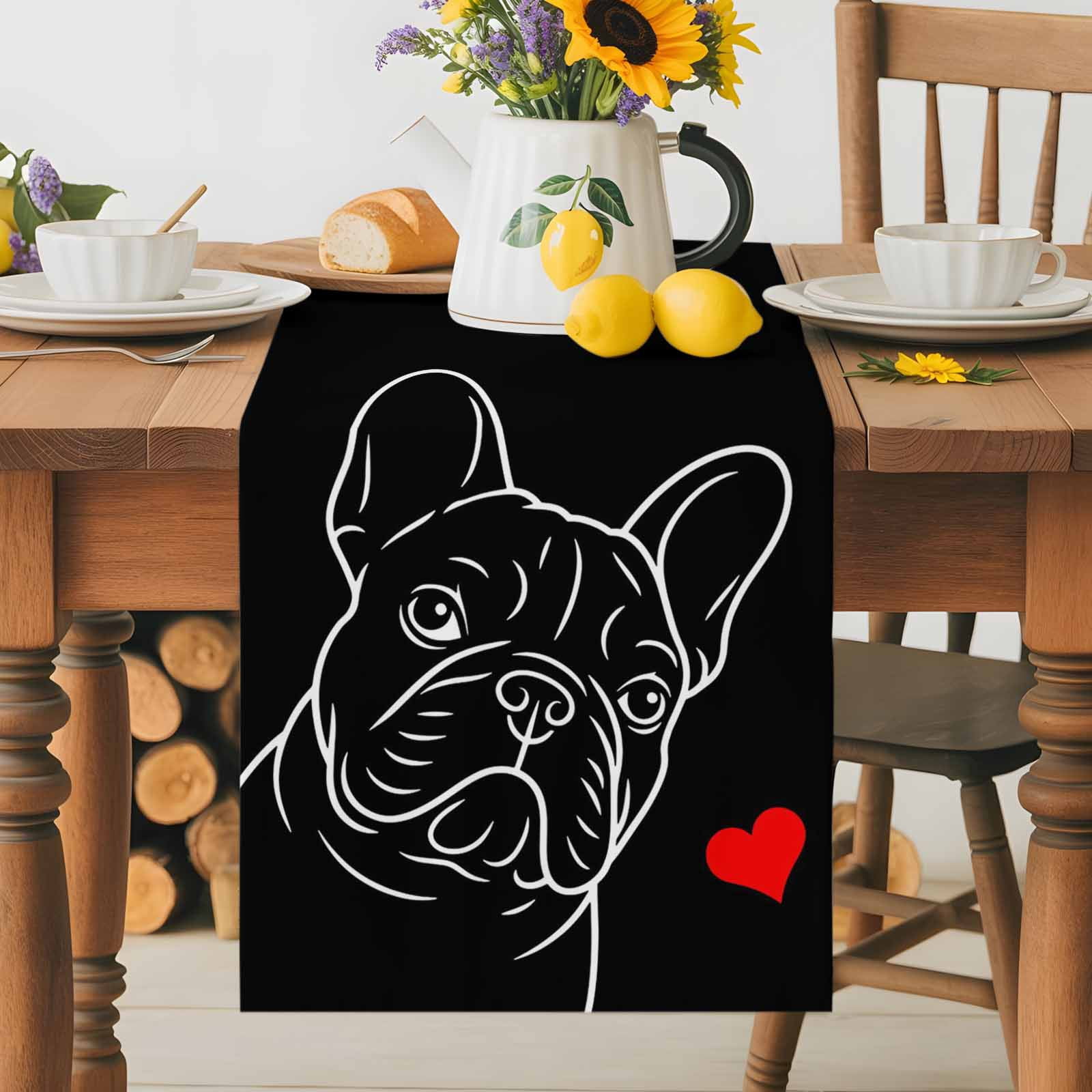 Burlap Table Runner 70 Inches Long, French Bulldog Red Love Heart on ...