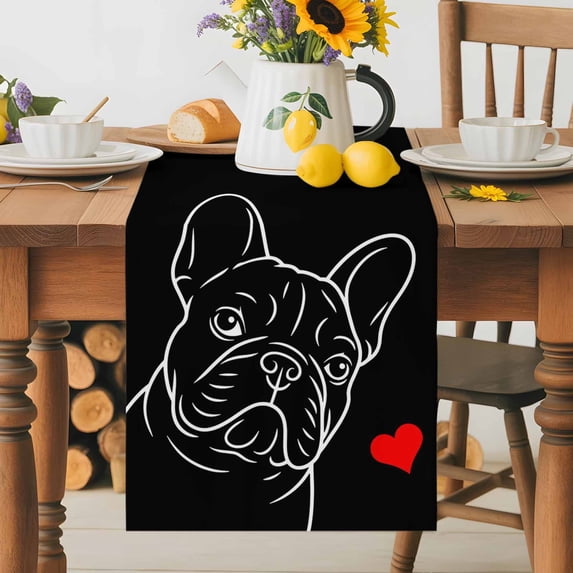 Burlap Table Runner 70 Inches Long, French Bulldog Red Love Heart on ...