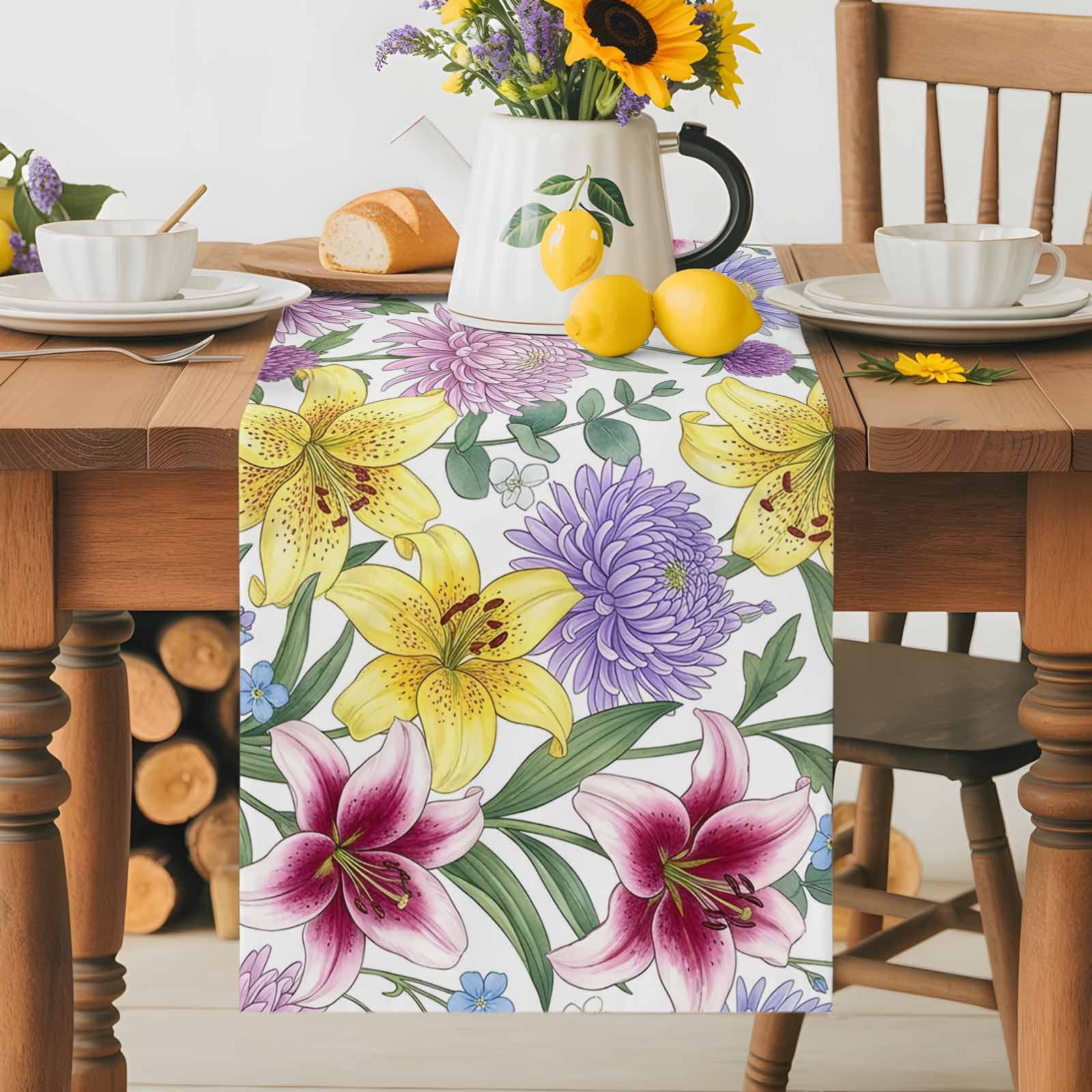 Burlap Table Runner 70 Inches Long, Garden Spring Lily Chrysanthemum ...