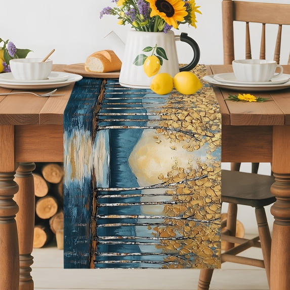 Burlap Table Runner 70 Inches Long, Golden Forest Lake Mountain Non ...