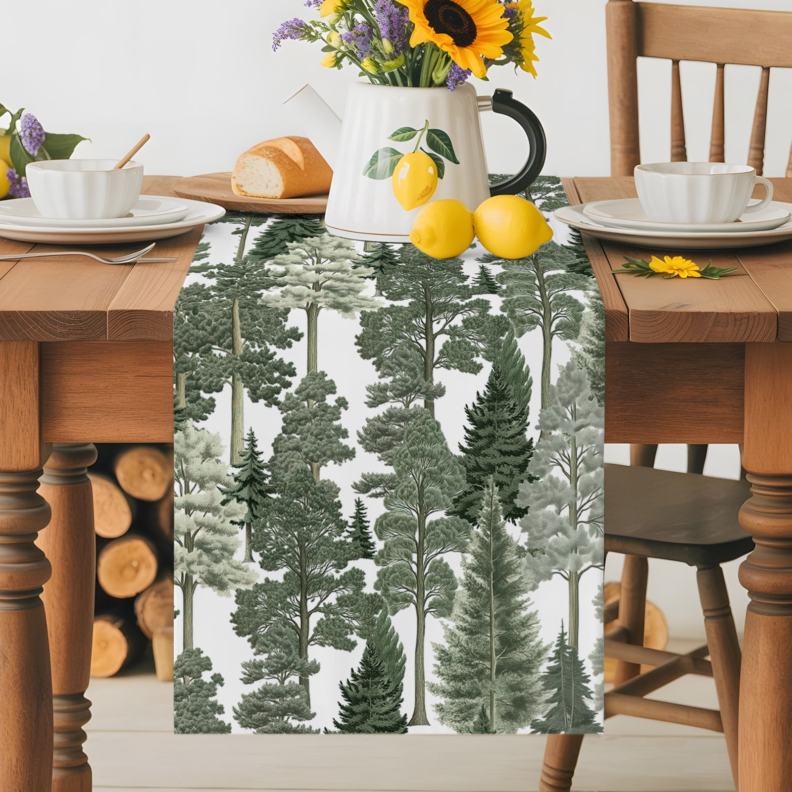 Burlap Table Runner 70 Inches Long, Green Pine Tree Watercolor Plant ...