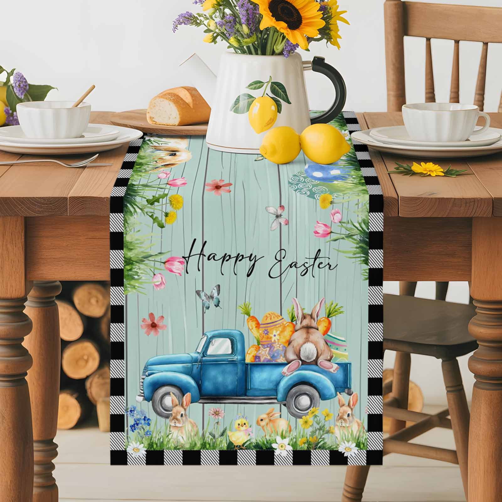 Burlap Table Runner 70 Inches Long, Happy Easter Bunny Eggs Blue Truck ...