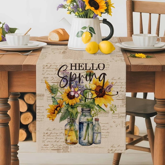 Burlap Table Runner 70 Inches Long, Hello Spring Blossom Sunflower ...
