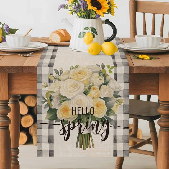 Burlap Table Runner 70 Inches Long, Hello Spring White Rose Bouquets ...
