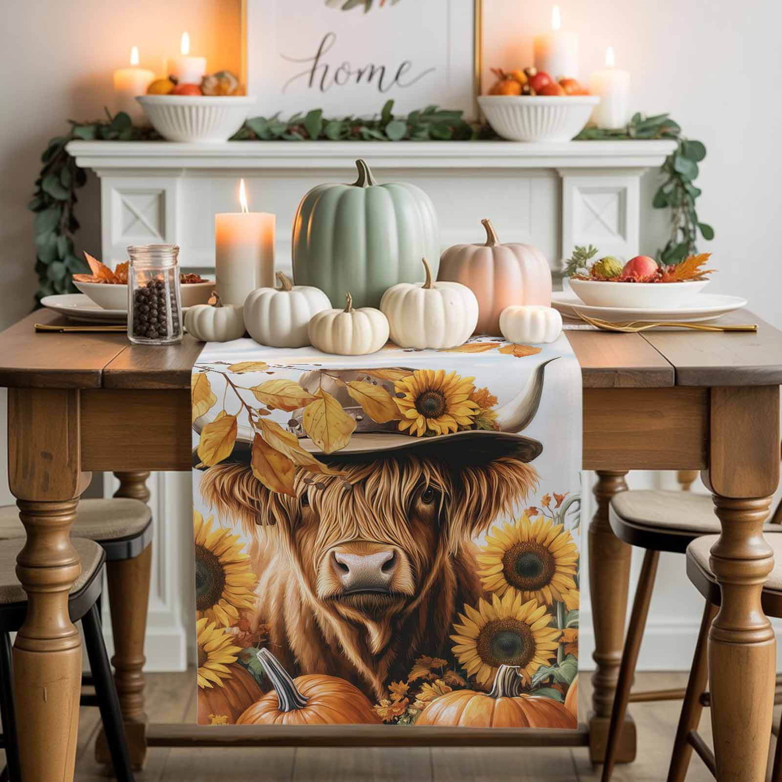Burlap Table Runner 70 Inches Long,Highland Cow Cowboy Hat Thanksgiving ...