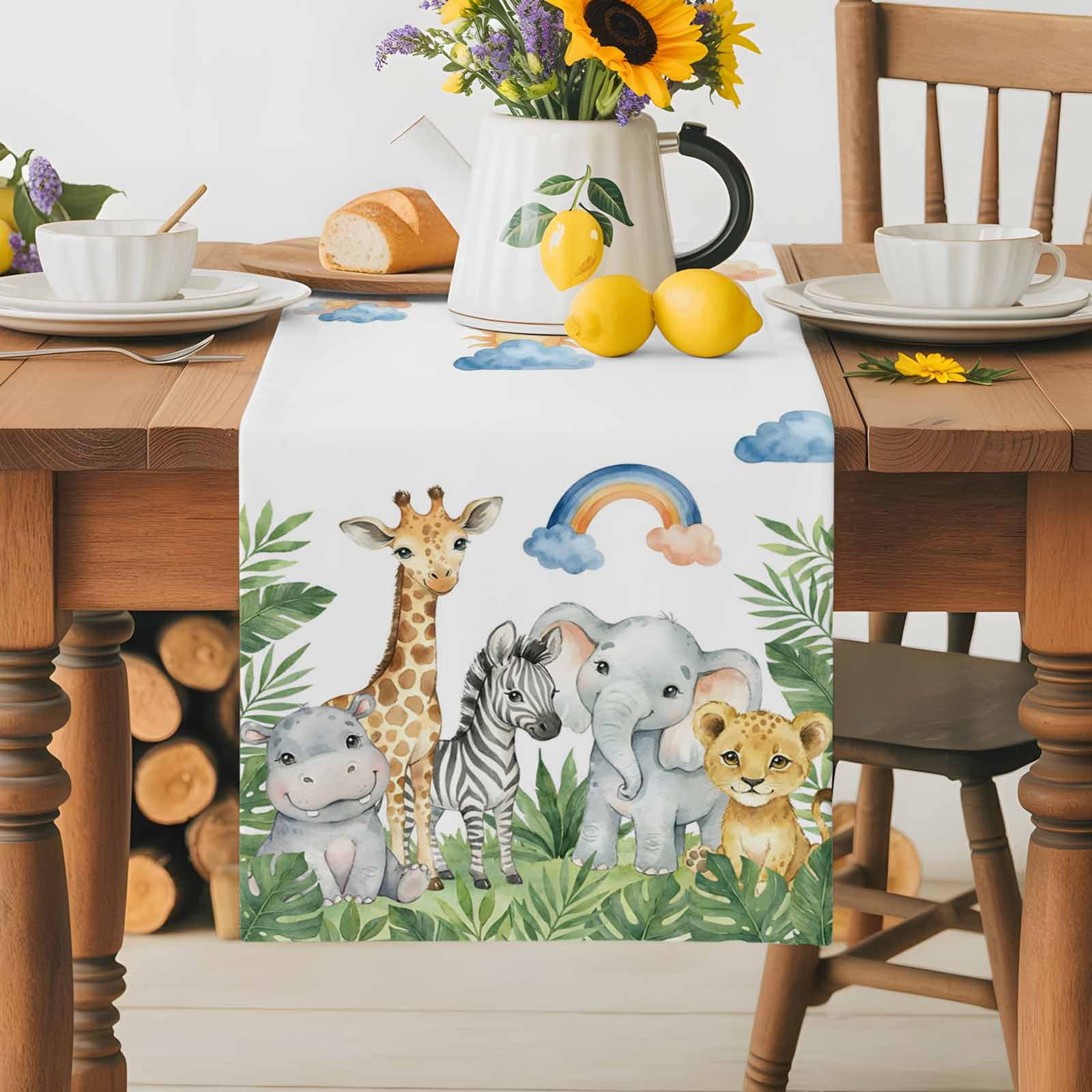 Burlap Table Runner 70 Inches Long,Hippopotamus Giraffe Zebra Elephant ...
