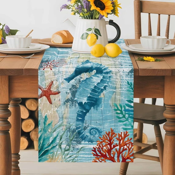 Burlap Table Runner 70 Inches Long, Marine Life Hippocampus Non-Slip ...